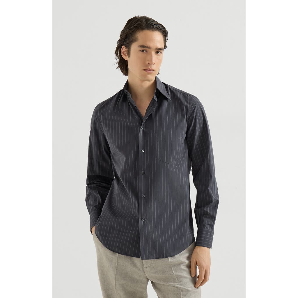 BRUNELLO CUCINELLI double pinstripe cotton shirt with italian collar and chest pocket